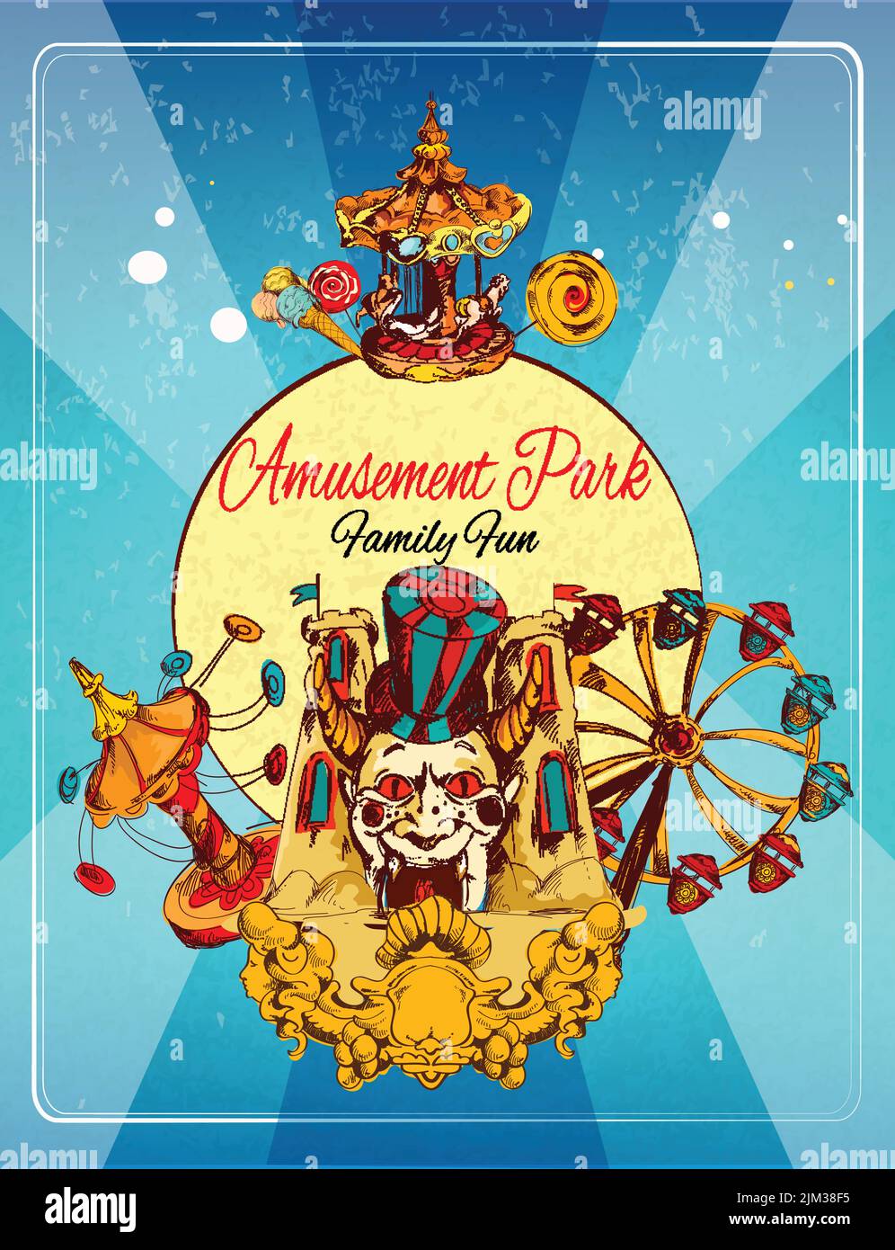 Amusement park family fun hand drawn poster with thrill attraction and ...