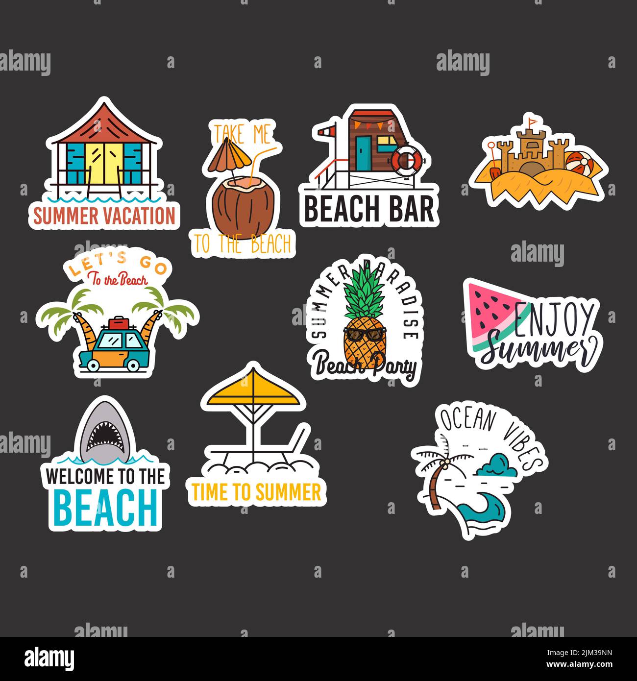 Beach adventure stickers design bundle. Travel hand drawn emblems ...