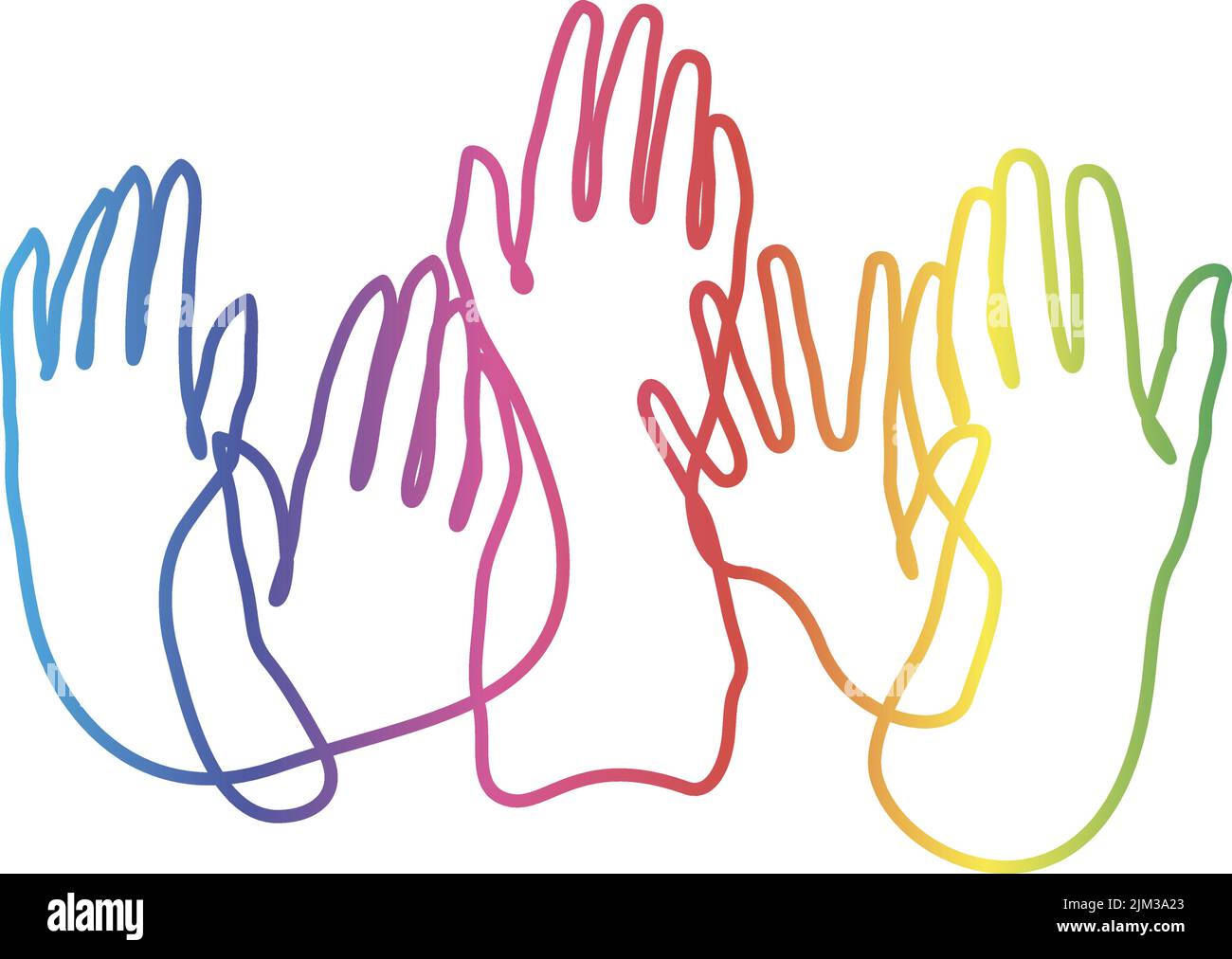 People raising their hands. Rainbow colors continuous line vector ...