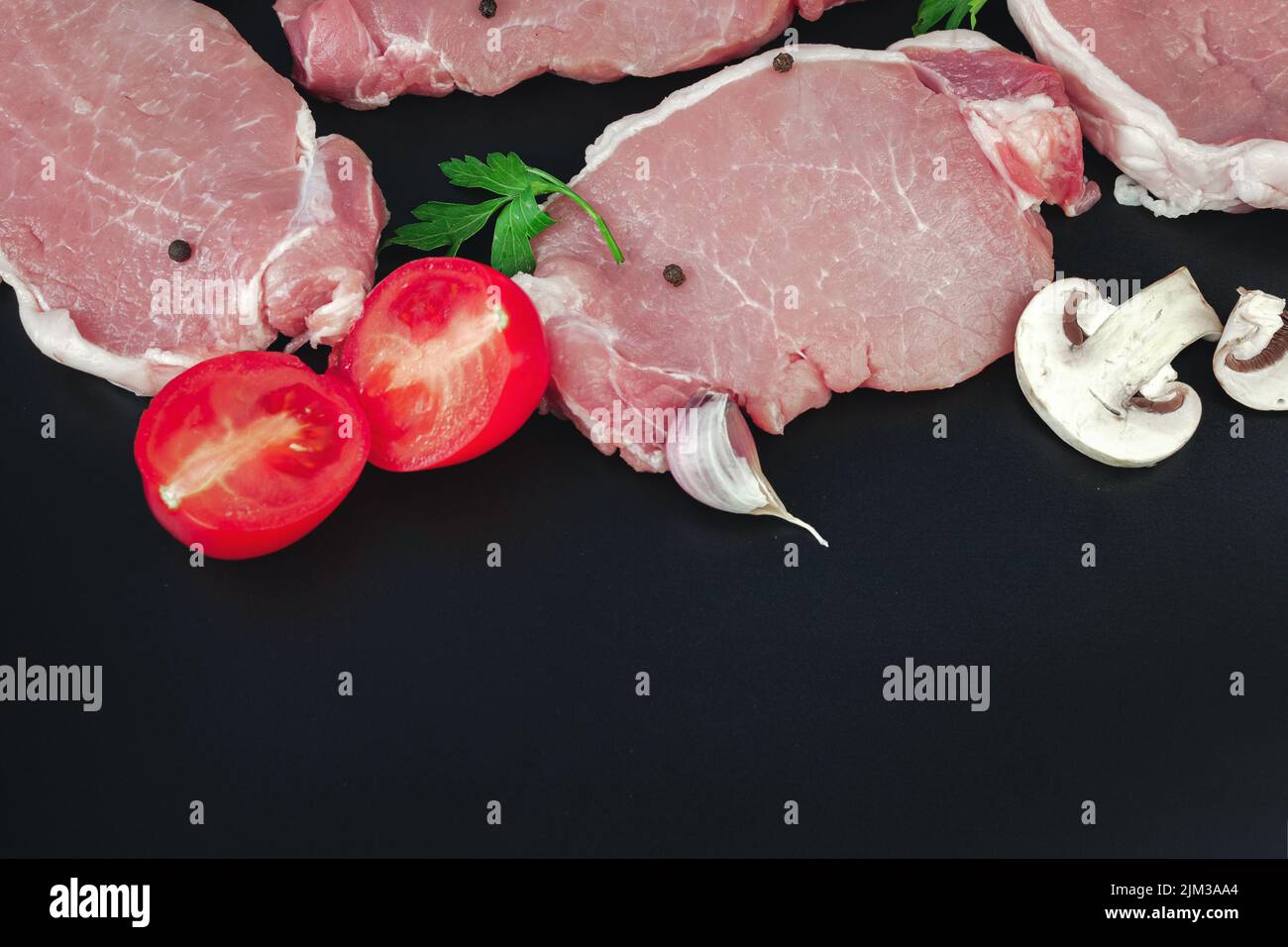 Fresh Raw Meat Background with ingredients for cooking. Fillet steak ...