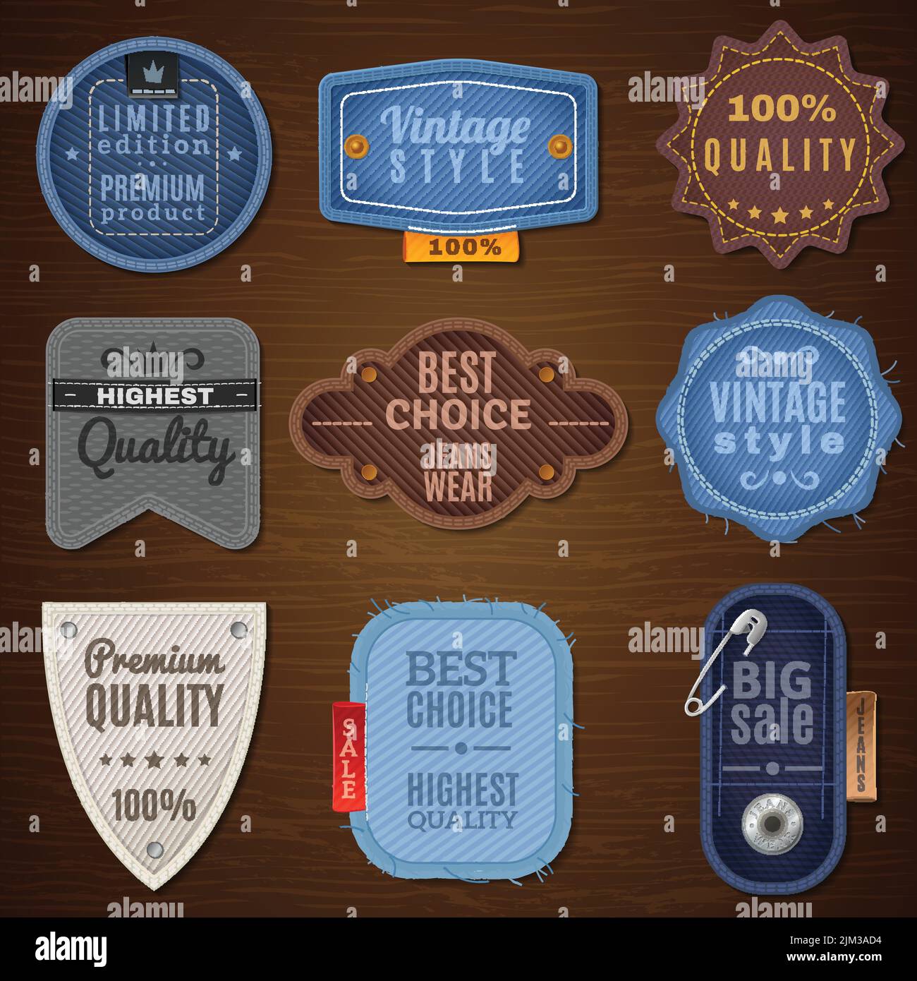 Vintage denim label icons on wood background with various forms vector ...