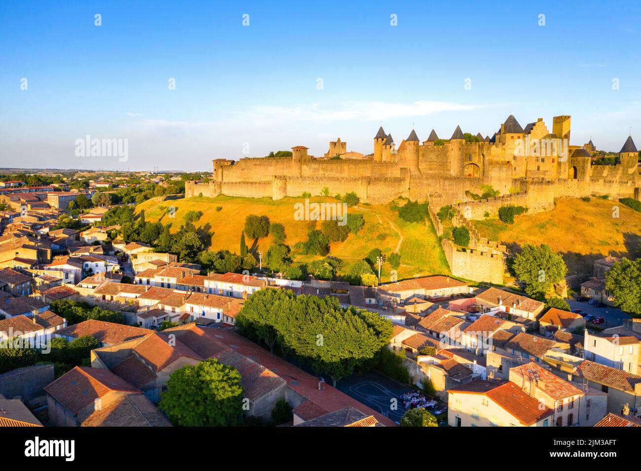 Medieval castle town of Carcassone at sunset, France Stock Photo - Alamy