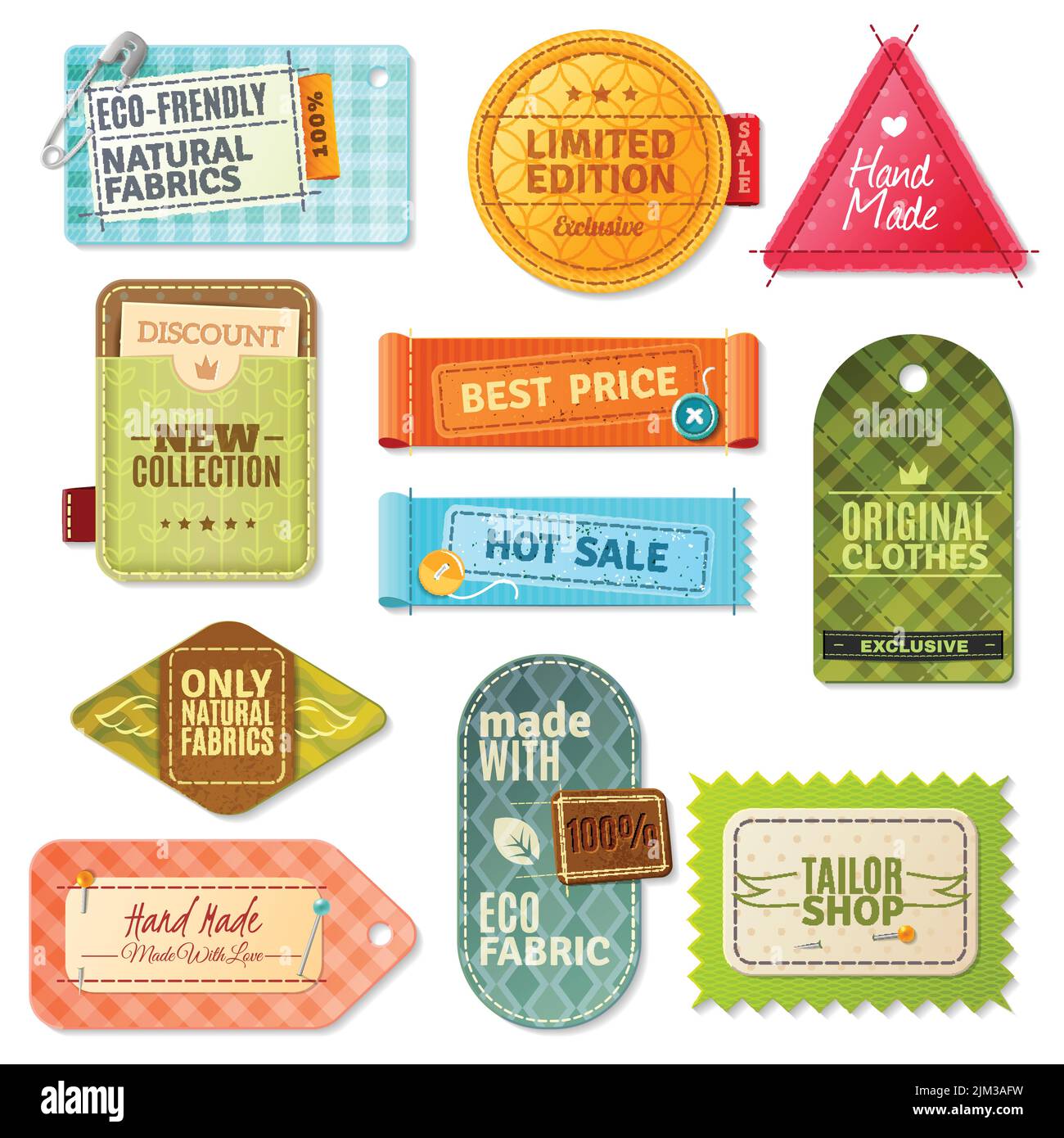 Colorful handmade fabric label set isolated in different shapes and ...