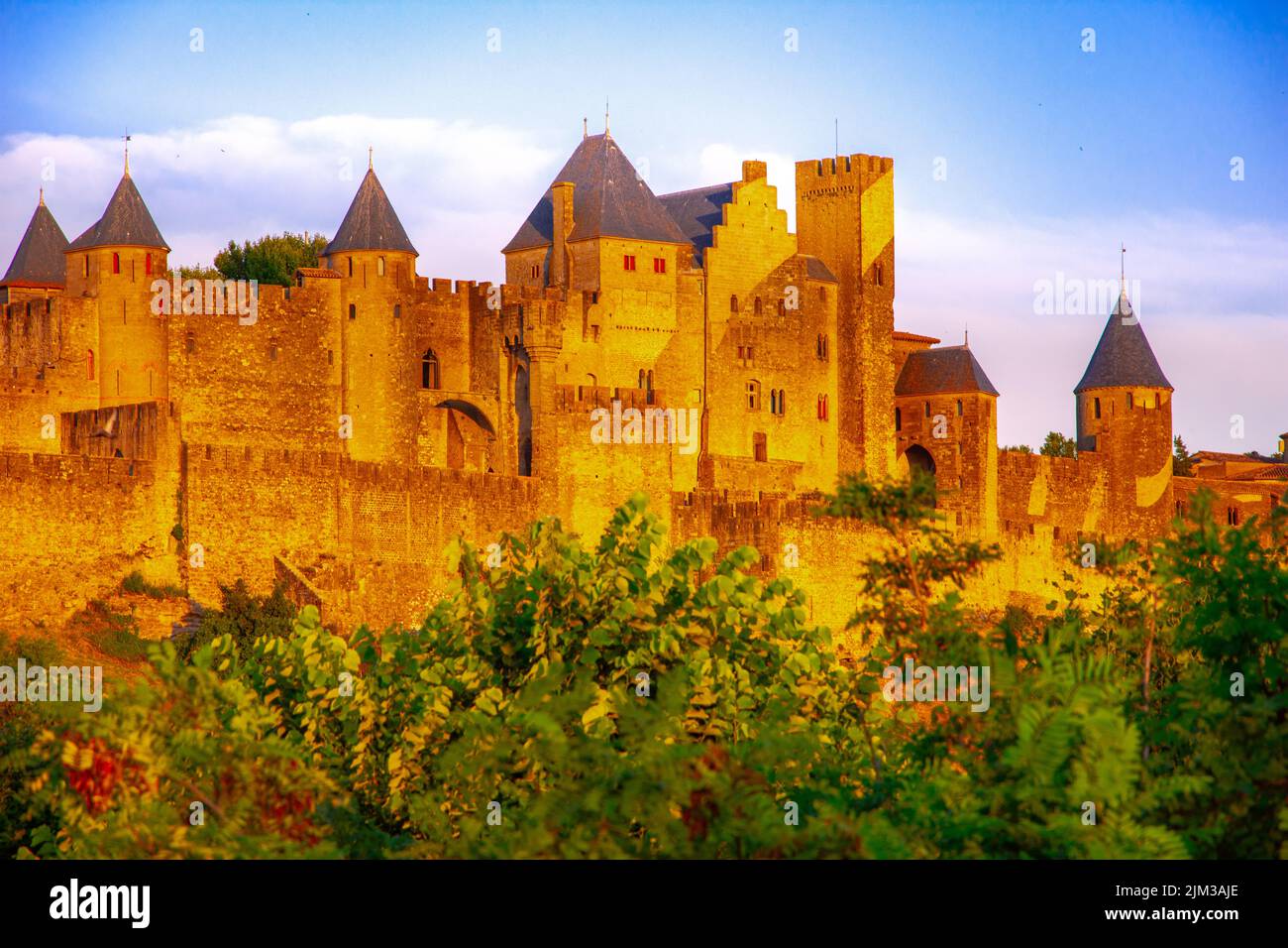 Medieval castle town of Carcassone at sunset, France Stock Photo - Alamy