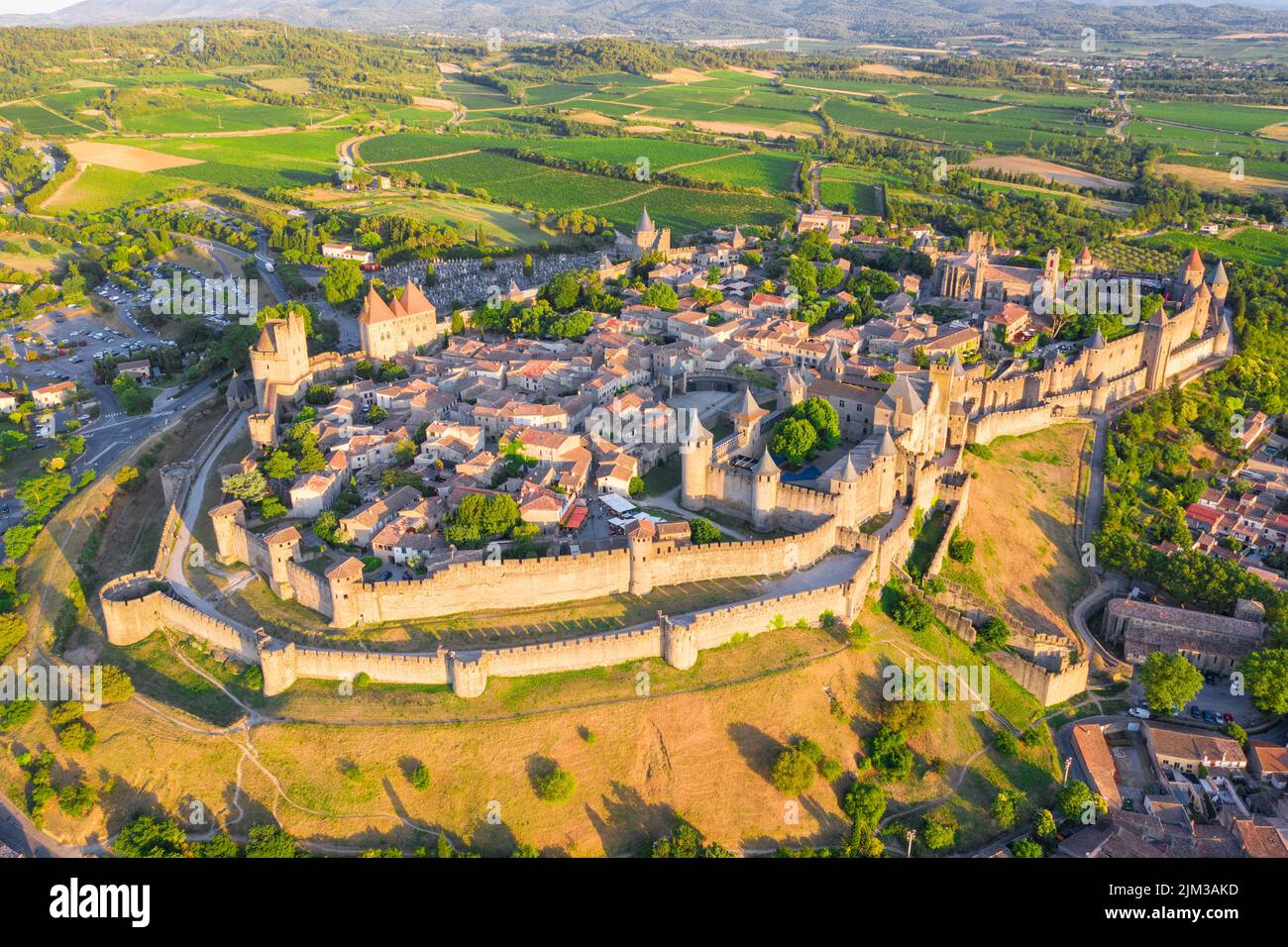 Medieval castle town of Carcassone at sunset, France Stock Photo - Alamy