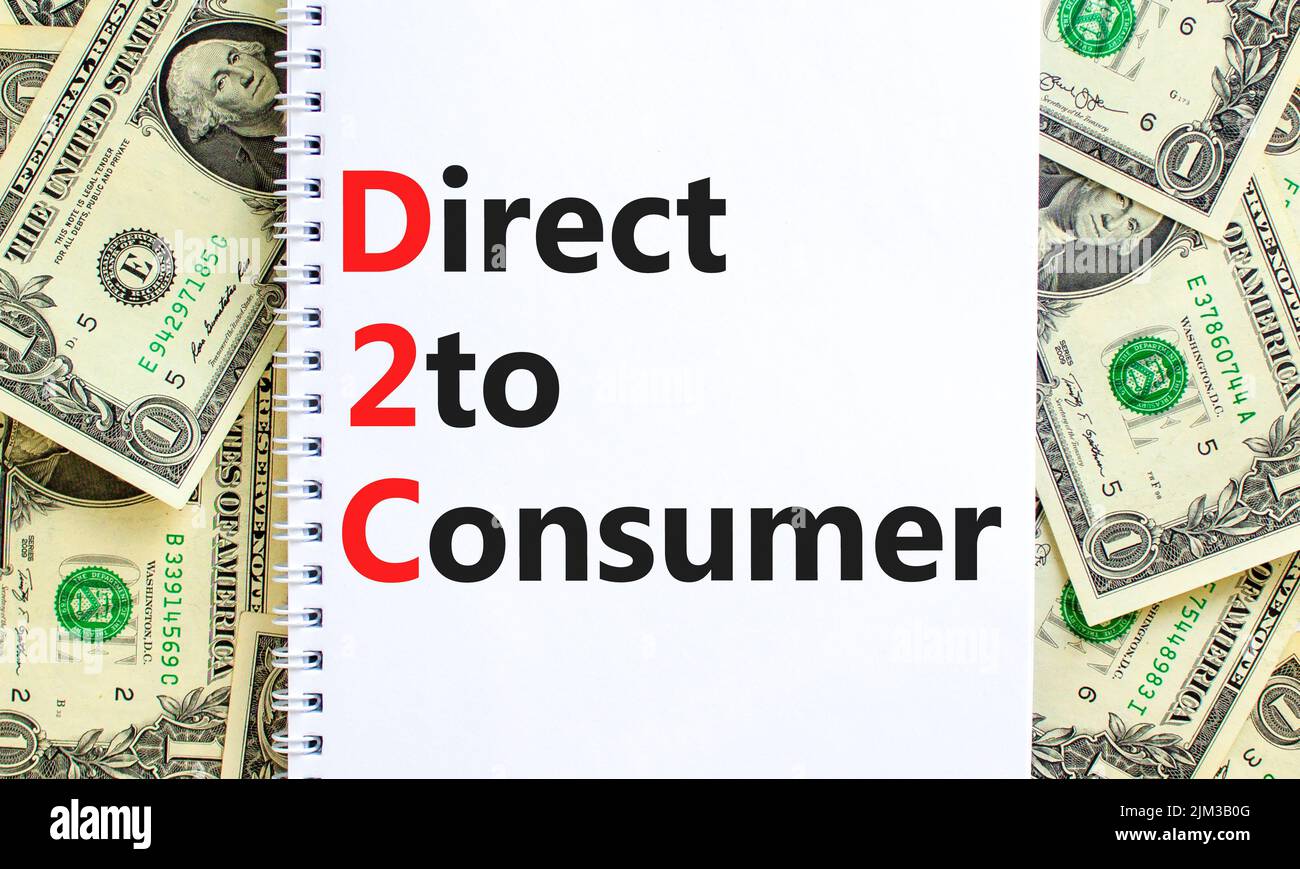 D2C direct to consumer symbol. Concept words D2C direct to consumer on white note on a beautiful ...