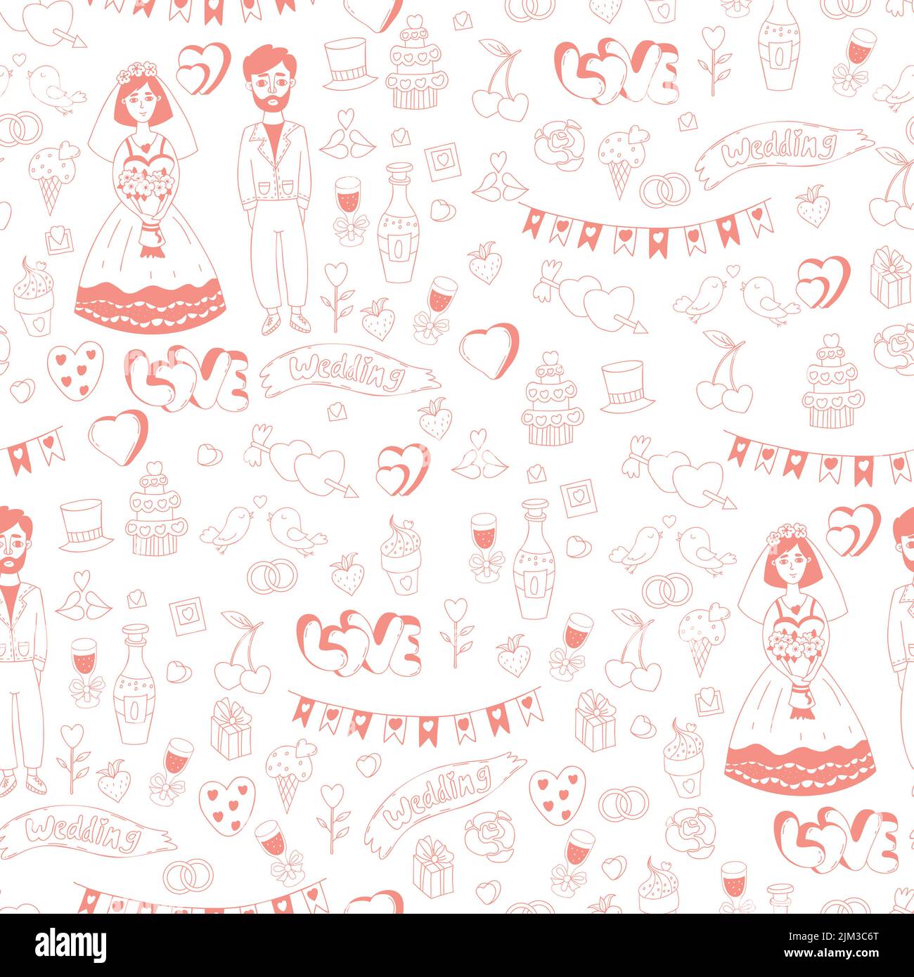 Seamless wedding pattern. Couple of newlyweds, bride and groom, hearts ...