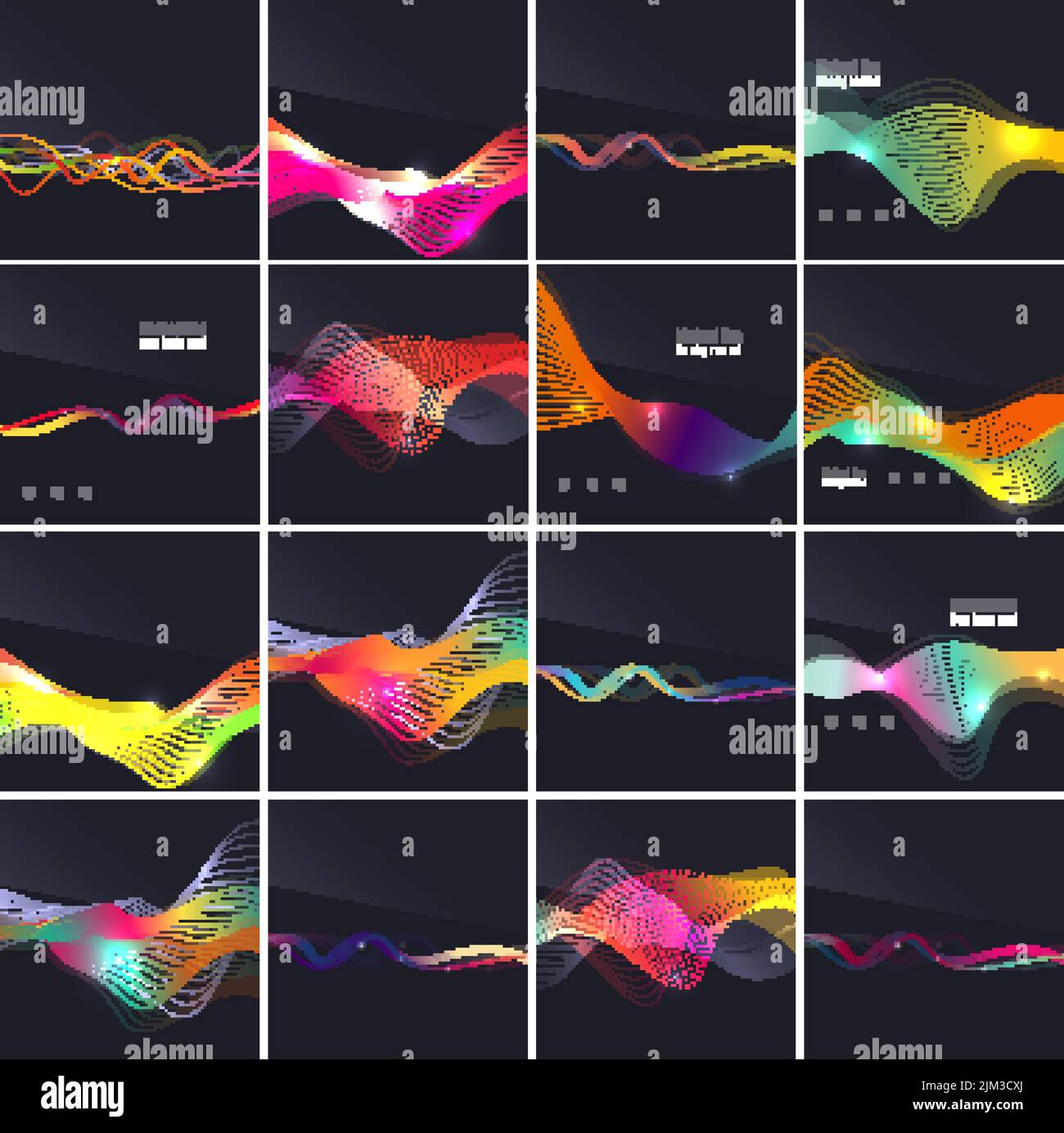 Set of futuristic colorful waves and lines on dark backgrounds. Smoke ...