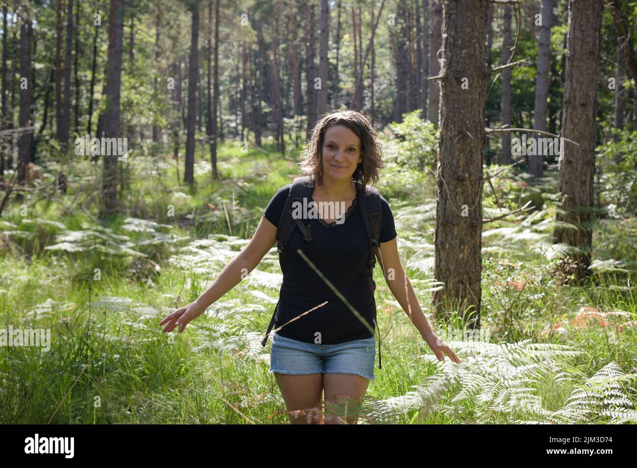 caucasian woman hiking in the french forest of Fontainebleau Stock ...