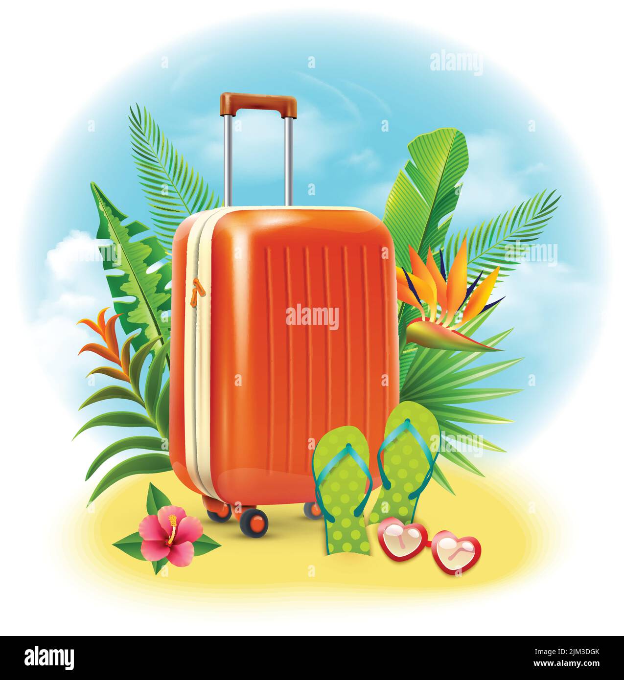 Summer beach vacation design with travel suitcase slippers and glasses ...