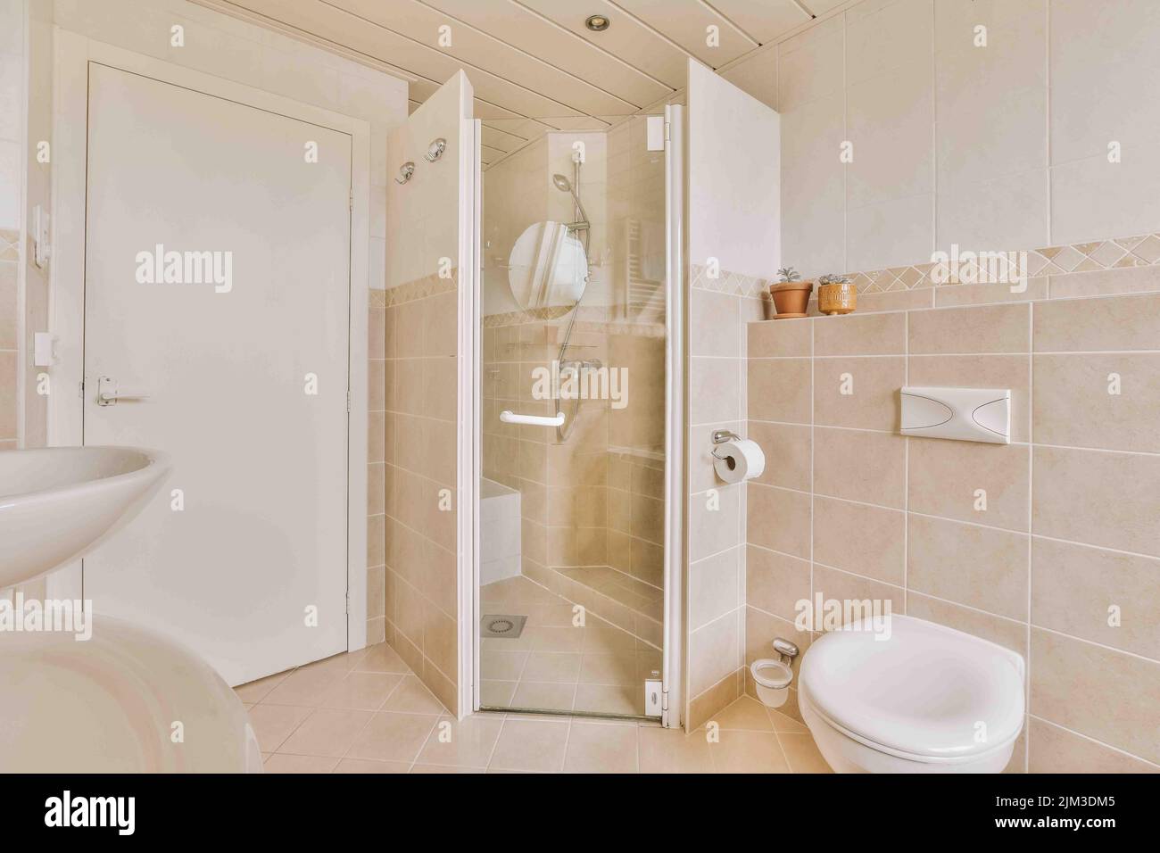 Sinks With Mirrors And Clean Toilet Located Near Shower Box With Glass