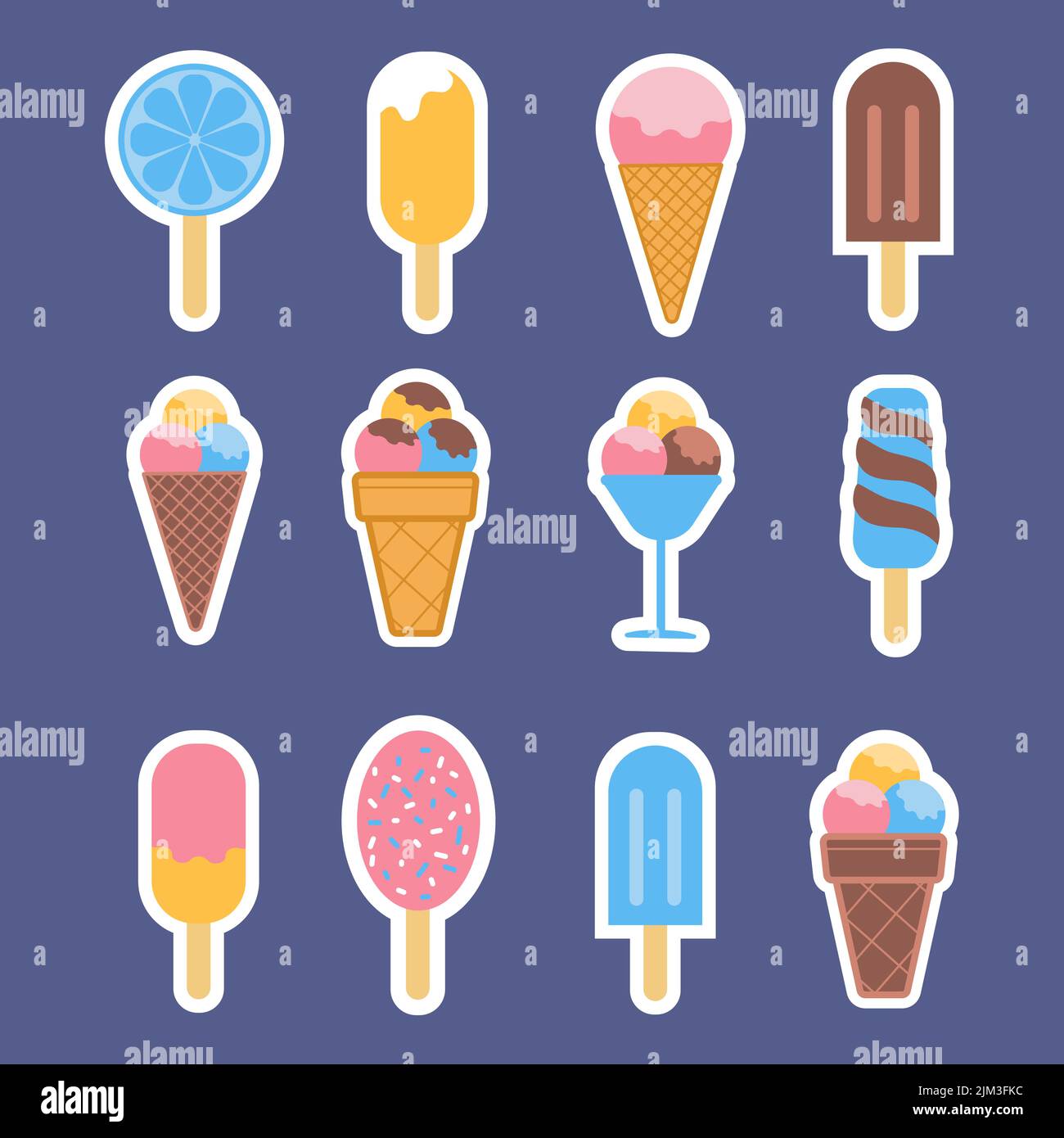 Creamy ice cream in chocolate glaze sticker pack icon, flat design ...