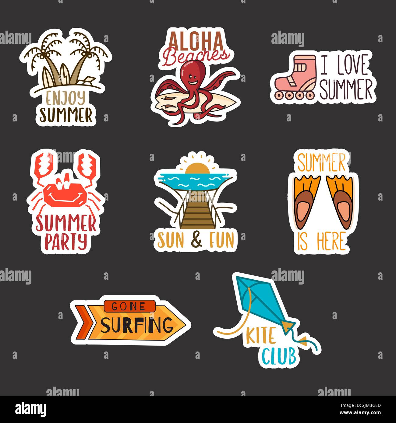 Summer surfing stickers design bundle. Travel hand drawn emblems ...