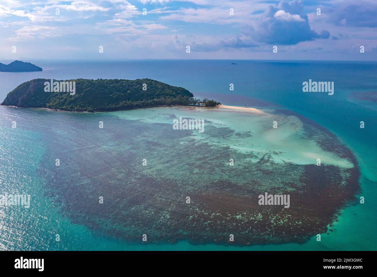 Aerial view of Thong Sala pier, boat and koh Tae Nai in koh Phangan ...