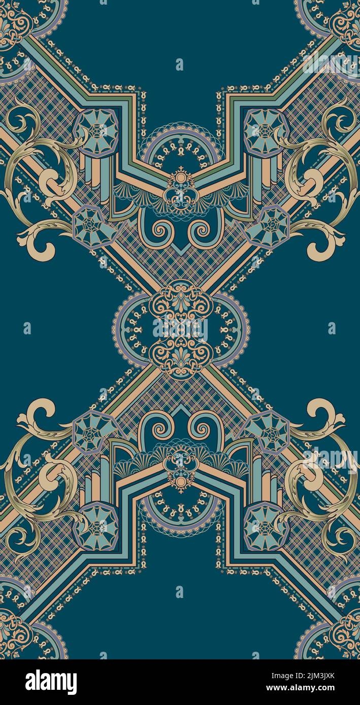 A vertical 2D illustration of a beautiful blue and gold abstract ...