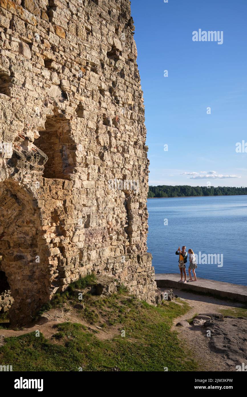 The Koknese medieval castle ruins with few vistors before sunset Stock ...