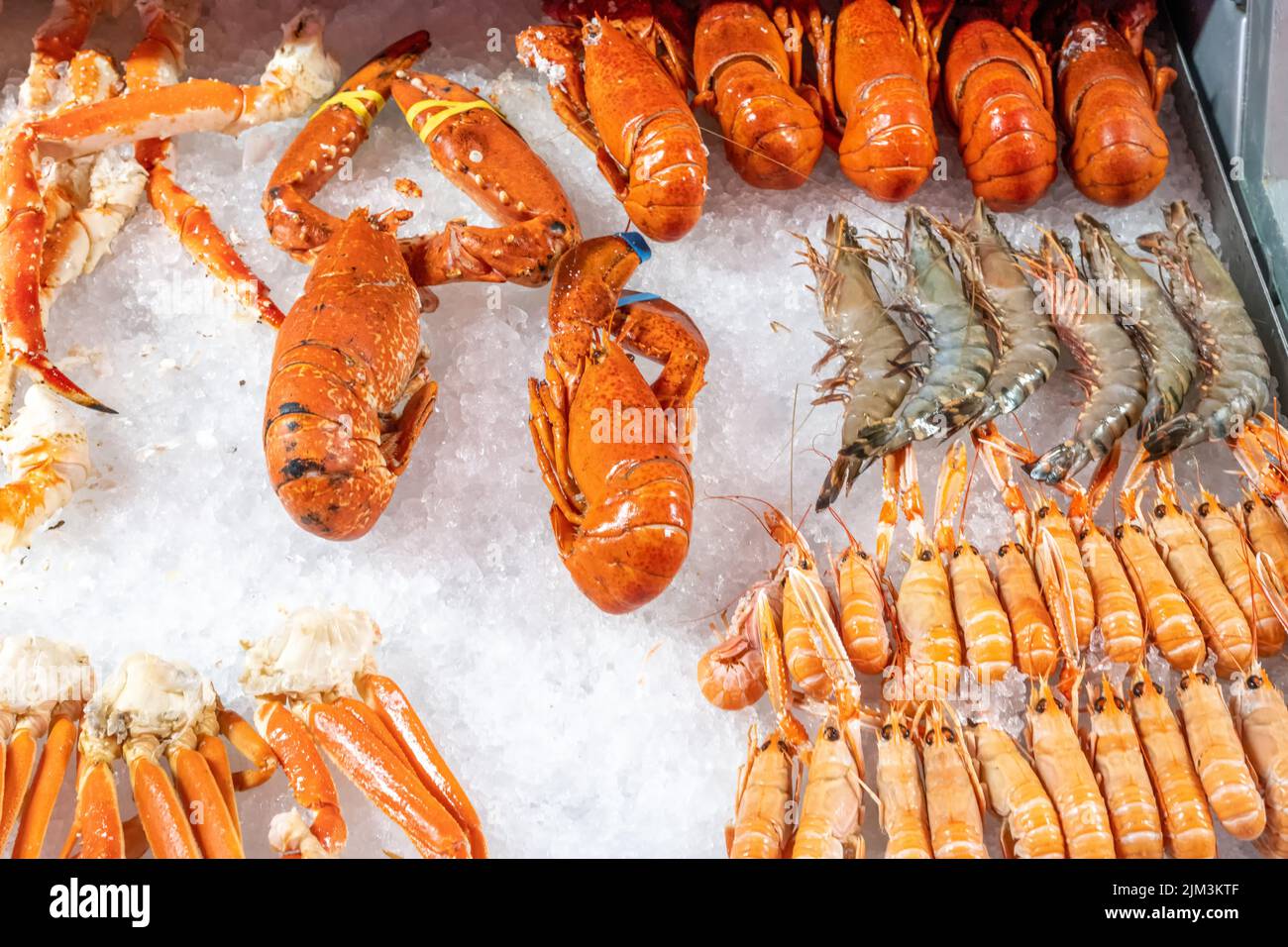 Lobster and prawns for sale at a market in Bergen, Norway Stock Photo ...