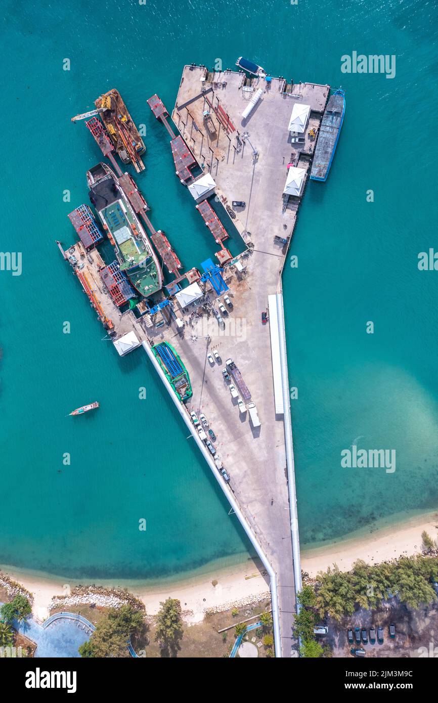 Aerial view of Thong Sala pier, boat and koh Tae Nai in koh Phangan ...
