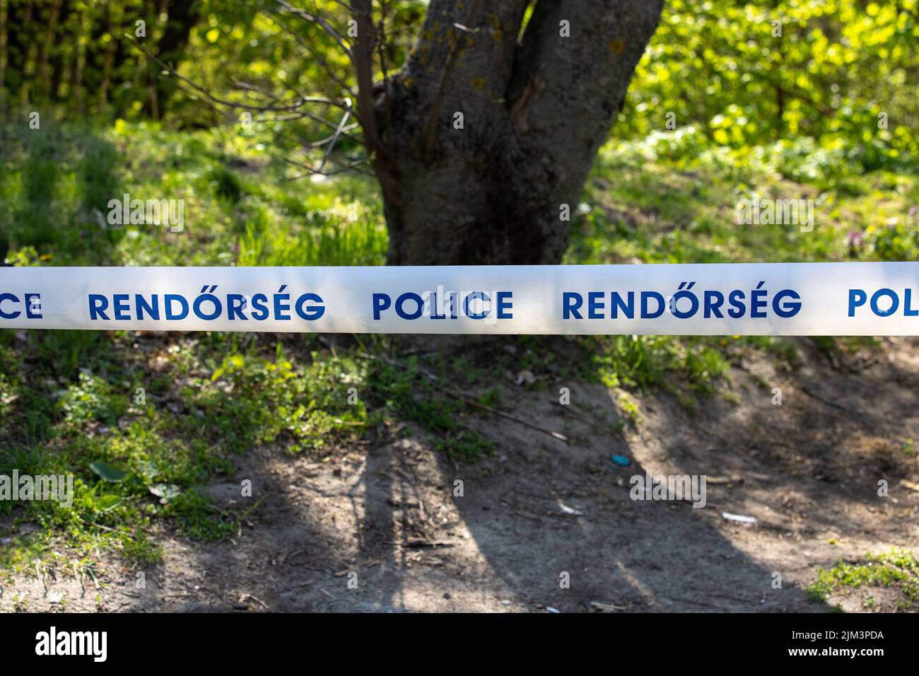 a close-up with a tape with the inscription Police in English and ...