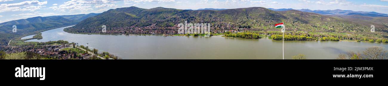 A beautiful view of the Danube with a Hungarian flag seen from Visegrad ...
