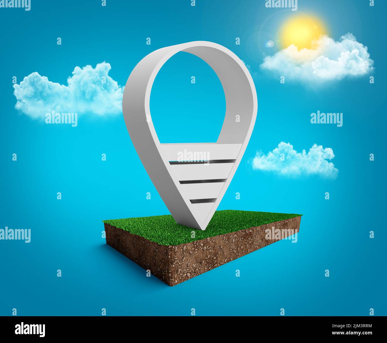 A 3d rendering of a location pin icon on a grass patch as a grocery ...