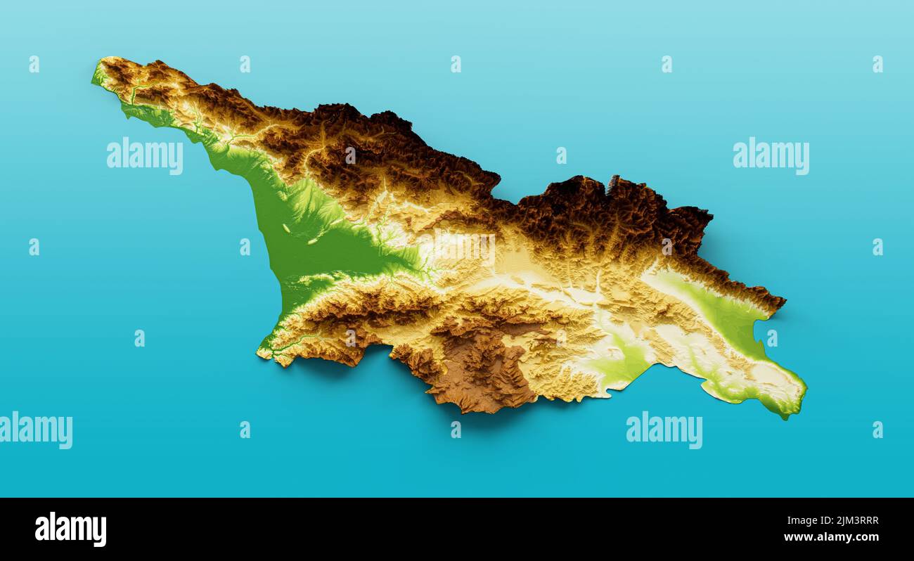 A 3d rendering of a Georgia shaded relief map isolated on a light blue ...