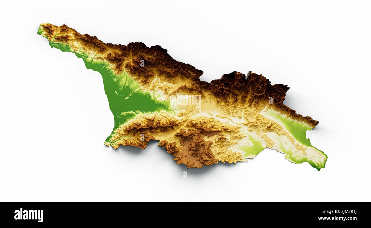 A 3d rendering of a Georgia shaded relief map isolated on a white ...