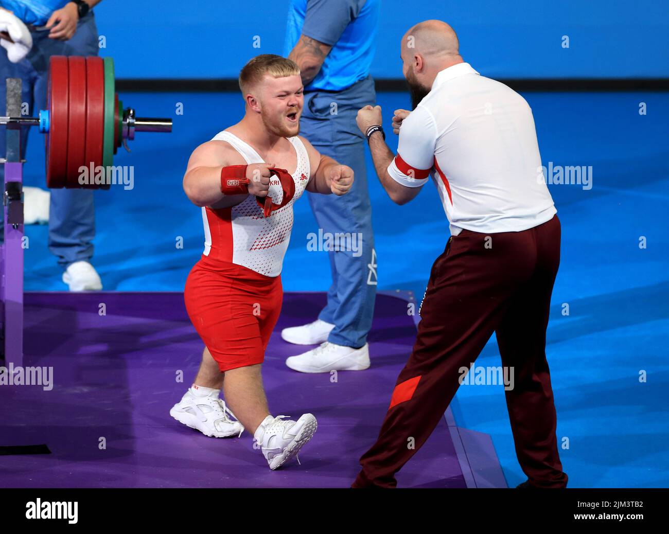 England’s Mark Swan celebrates after completing a lift in the Men’s ...