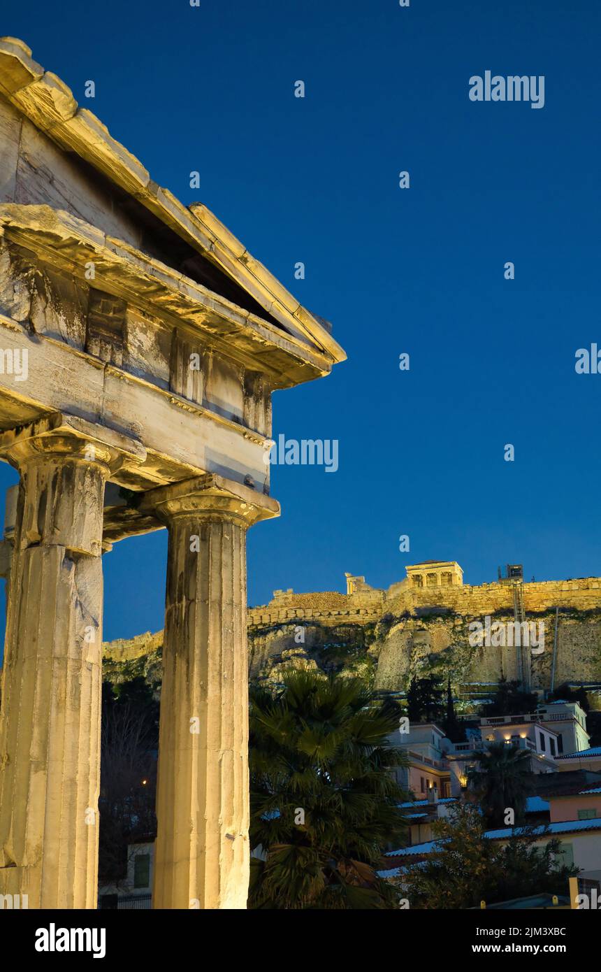 Acropolis hill - Parthenon temple in Athens at night, Greece Stock ...