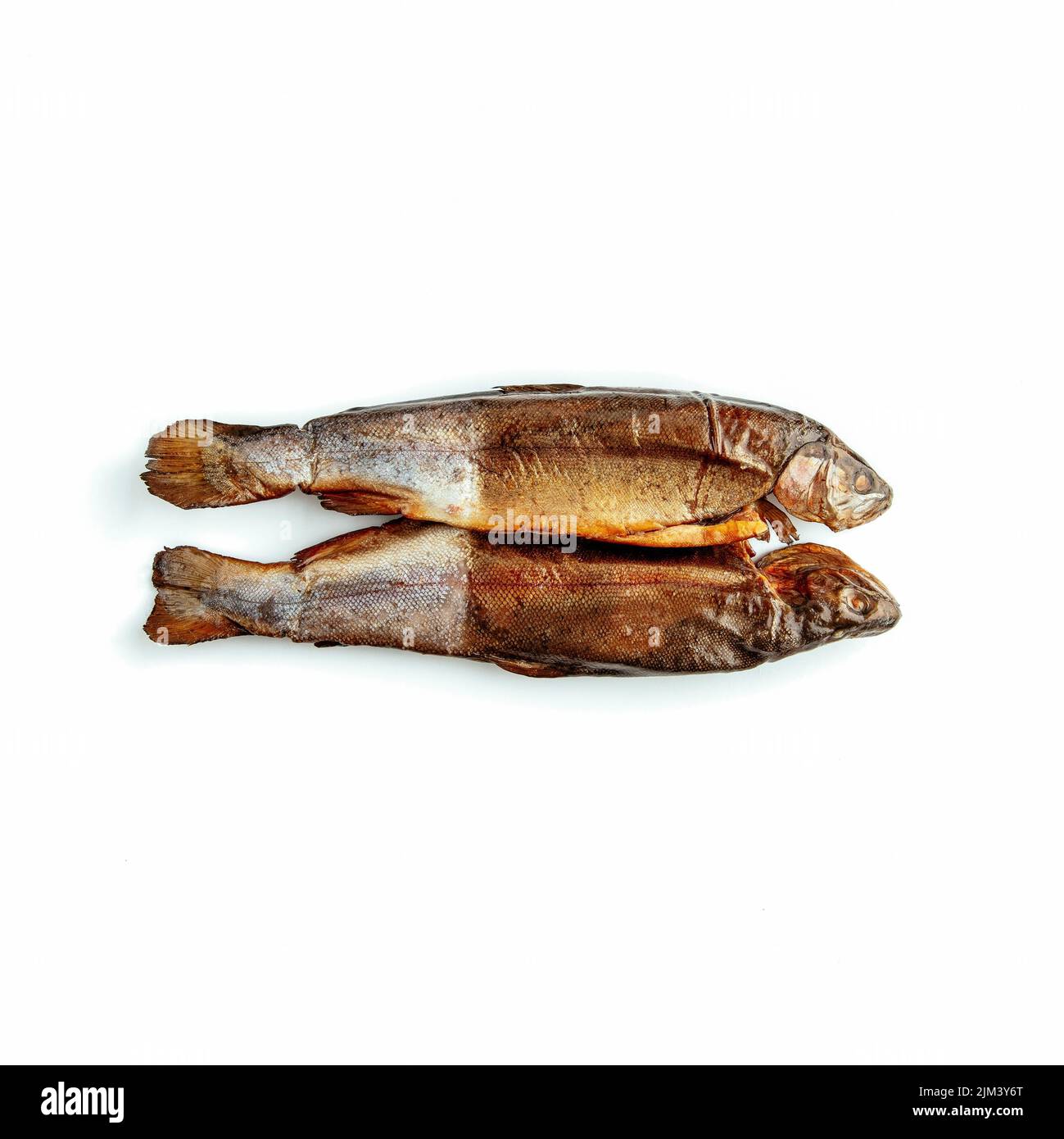 A close-up shot of smoked fish on a white background, the fish is cut ...