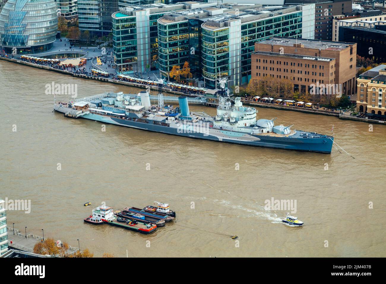An aerial view of warship HMS Belfast near the shores in South East ...