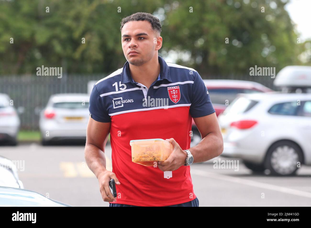 Luis Johnson #15 of Hull KR arrives at Sewell Group Craven Park Stadium ...
