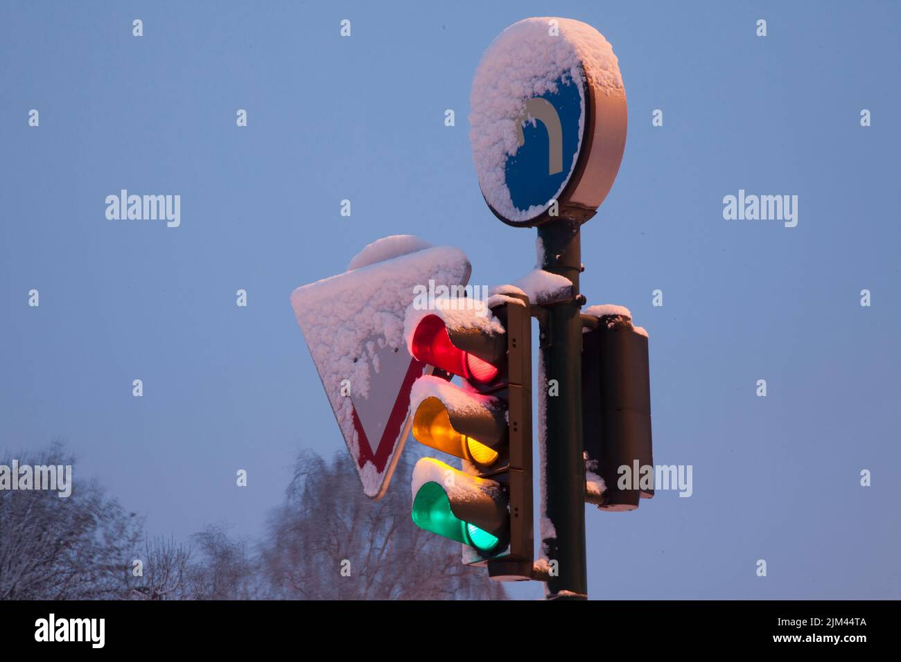 The traffic light and street signs covered with snow Stock Photo - Alamy