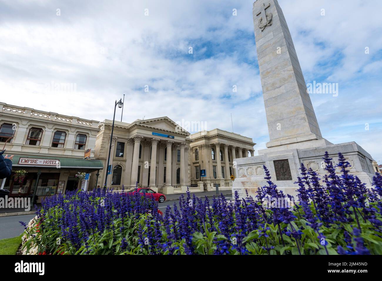 A monument and beautiful buildings at Thames street in Oamaru, New ...