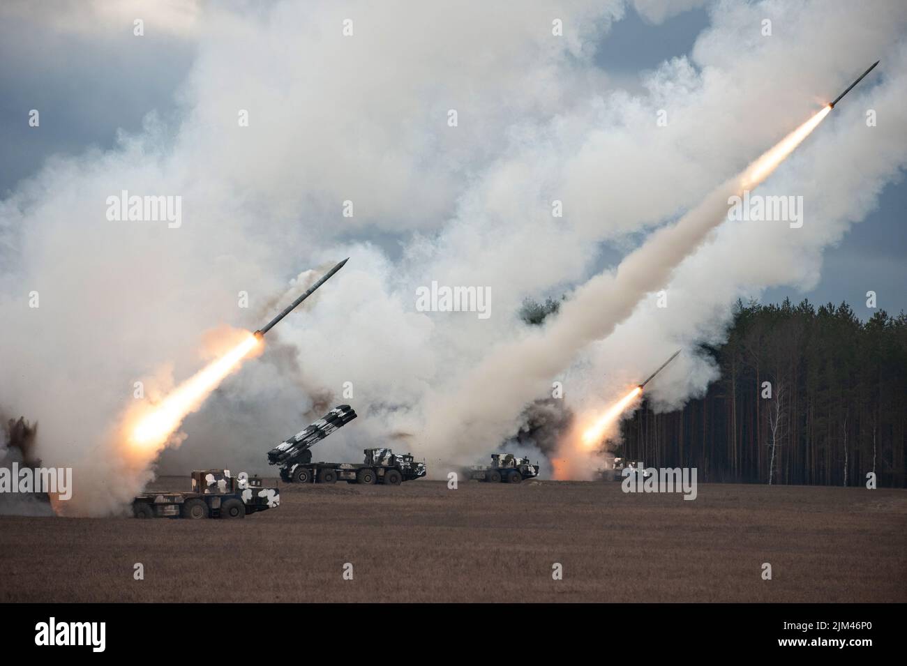Launch of military missiles (rocket artillery) at the firing field ...
