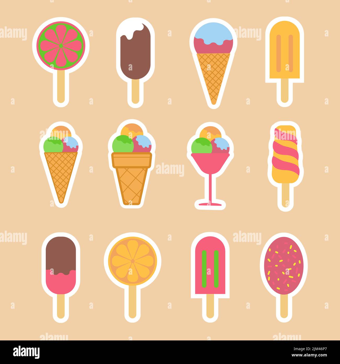 Creamy ice cream in chocolate glaze sticker pack icon, flat design ...