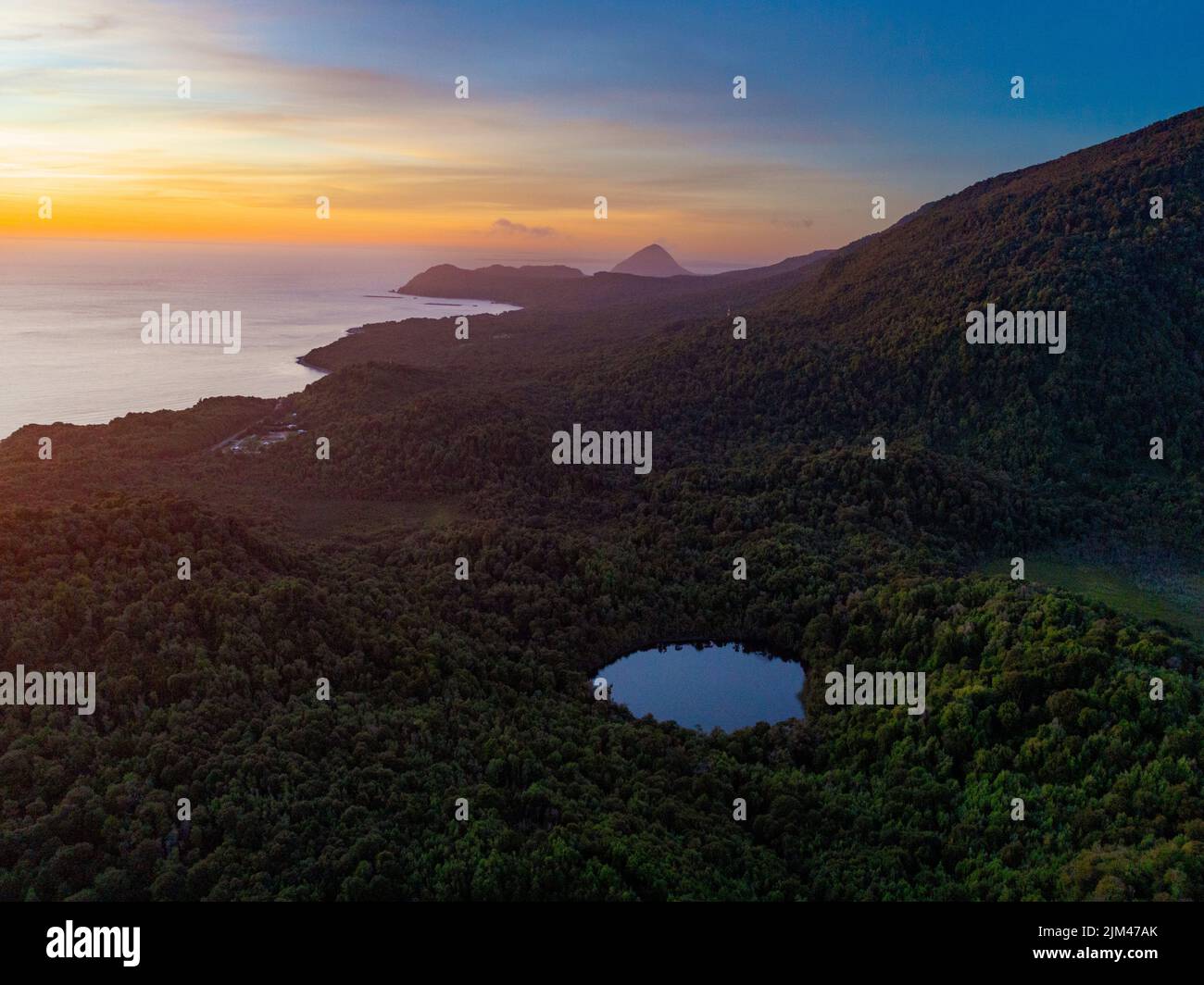 An aerial shot of a dense hilly forest near the sea on a cloudy sunset ...