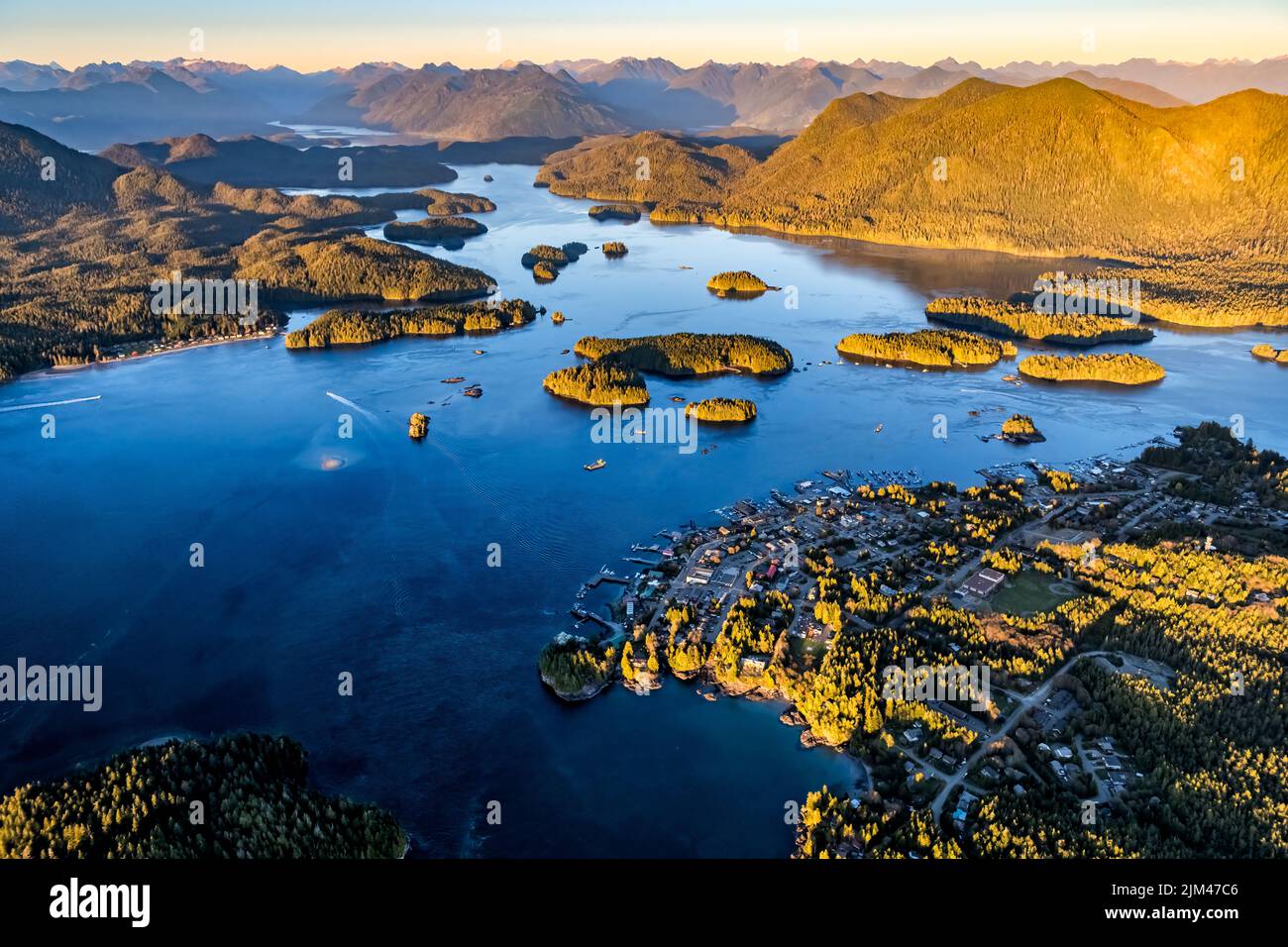 An aerial shot of Tofino and Clayoquot Sound, Vancouver Island, BC ...