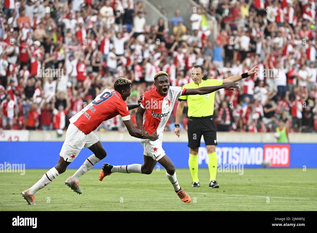 Prague, Czech Republic. 04th Aug, 2022. Moses Usor of Slavia, center ...