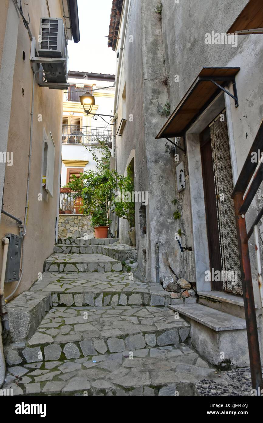 A narrow street with painted murals in a village of Calabria region ...