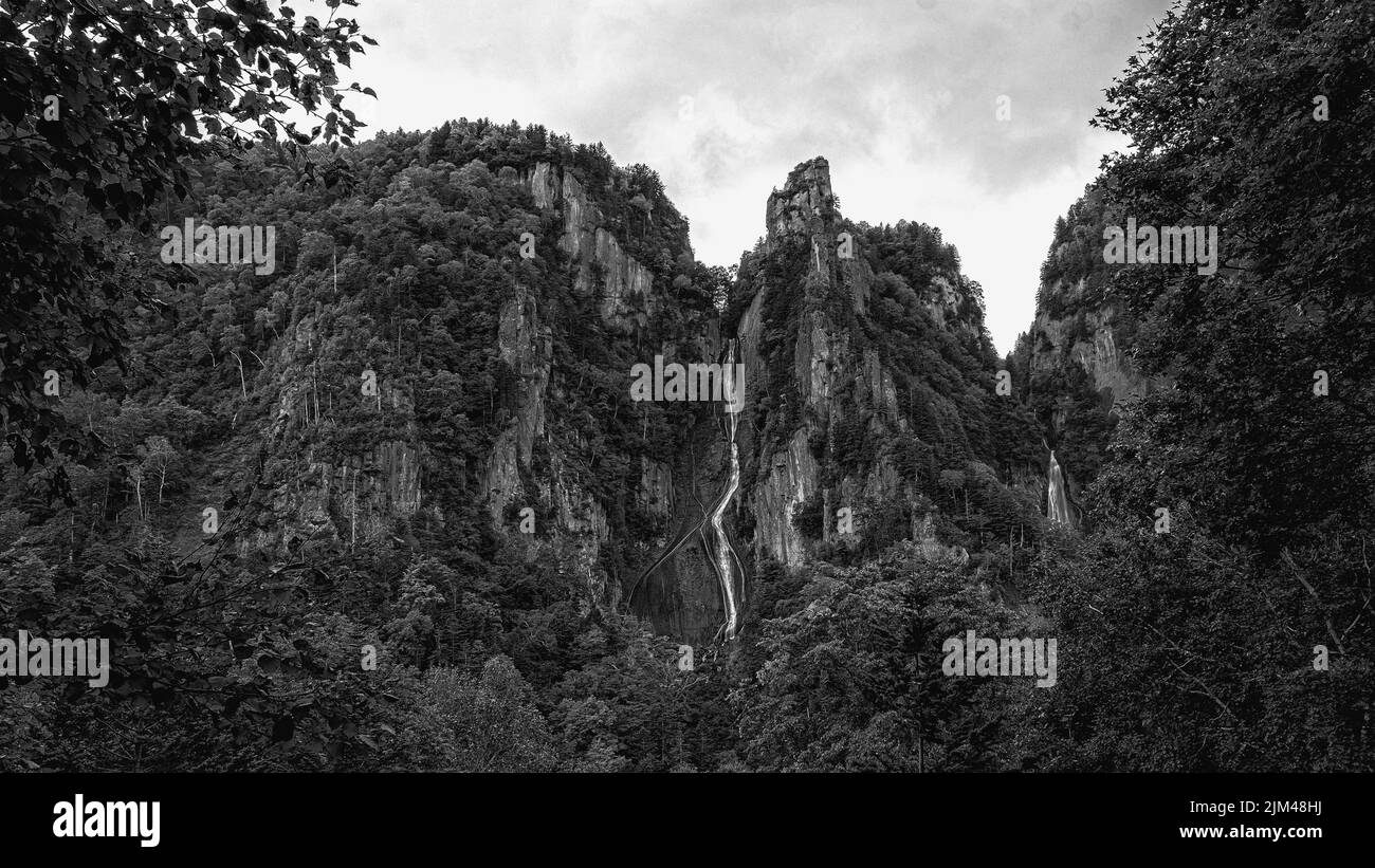 Cliff waterfall in jungle cascade Black and White Stock Photos & Images ...