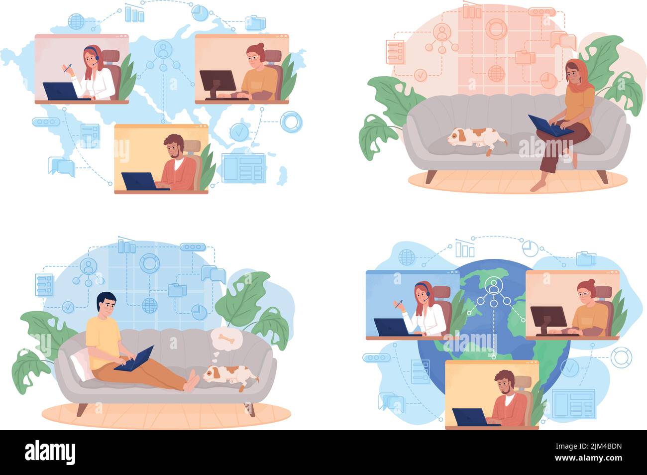 Working online 2D vector isolated illustration set Stock Vector Image ...