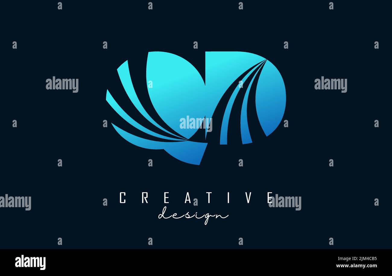 Creative blue letter QD q d logo with leading lines and road concept ...