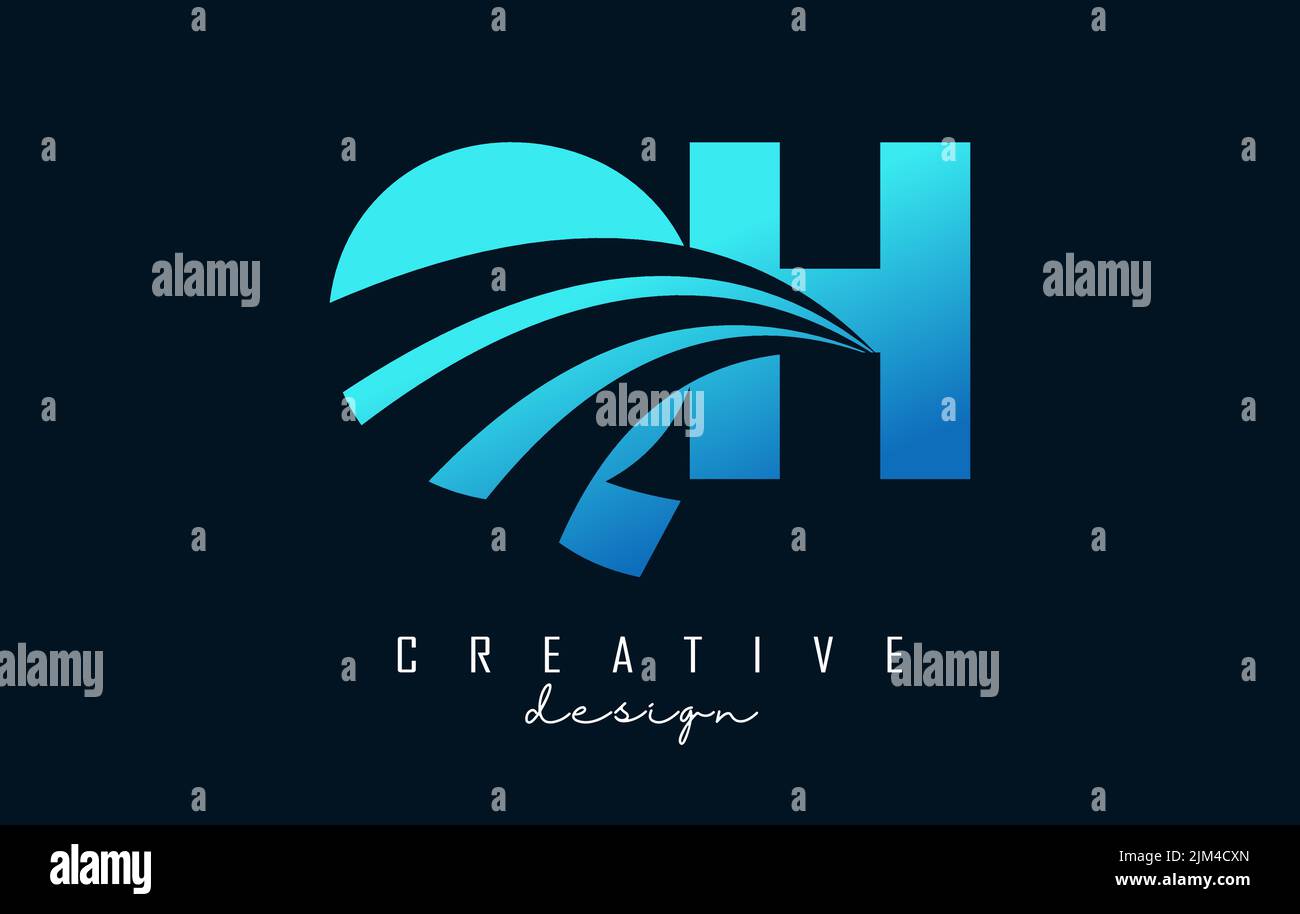 Creative blue letter Qh q h logo with leading lines and road concept ...