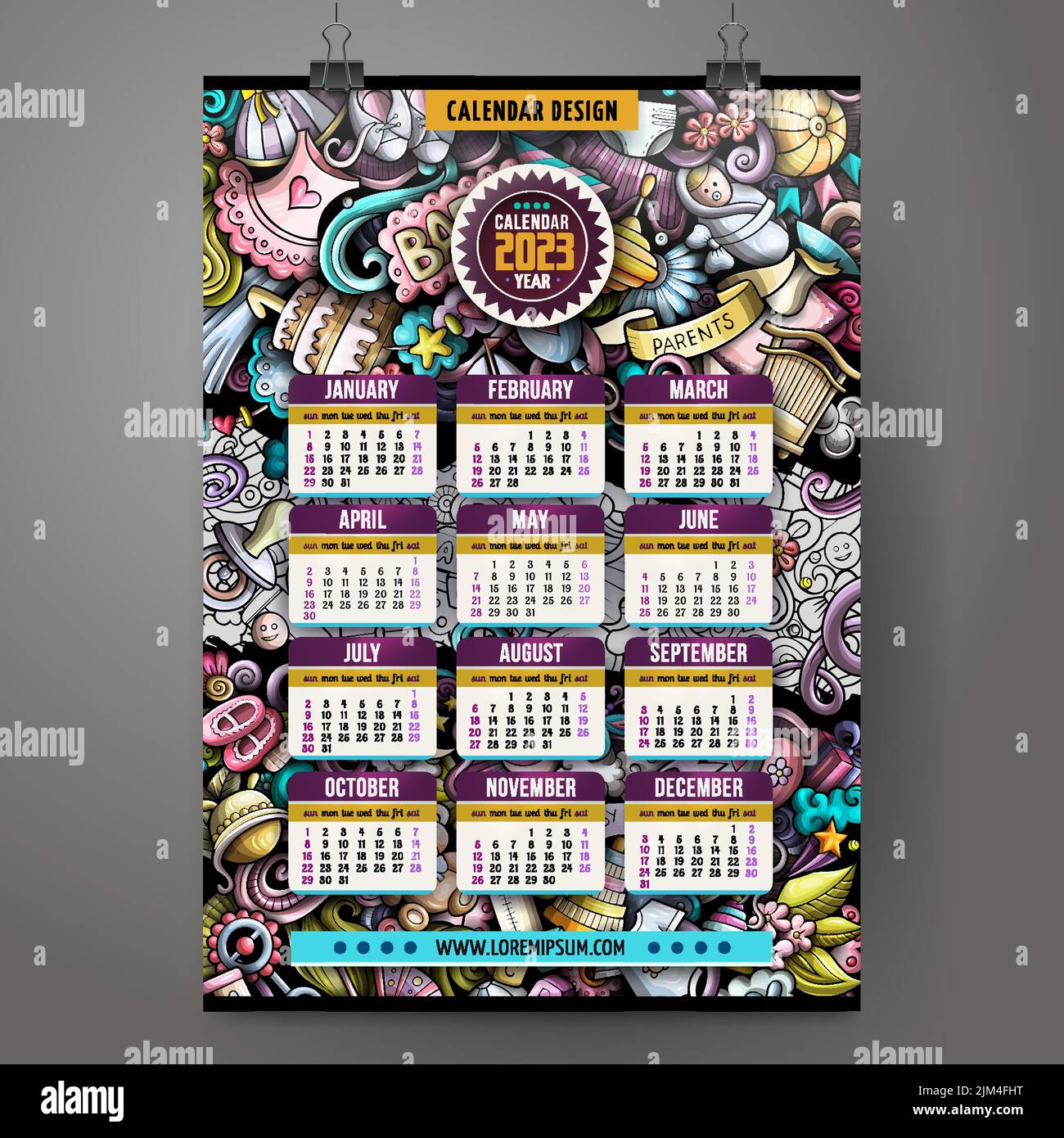Cartoon colorful doodles Baby 2023 year calendar Stock Vector Image ...