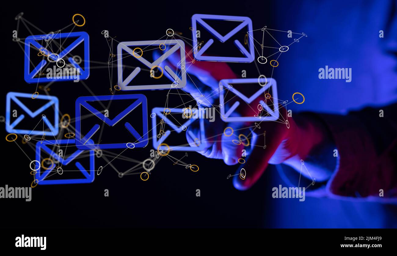 A hand touching floating electronic mail 3D icons Stock Photo - Alamy