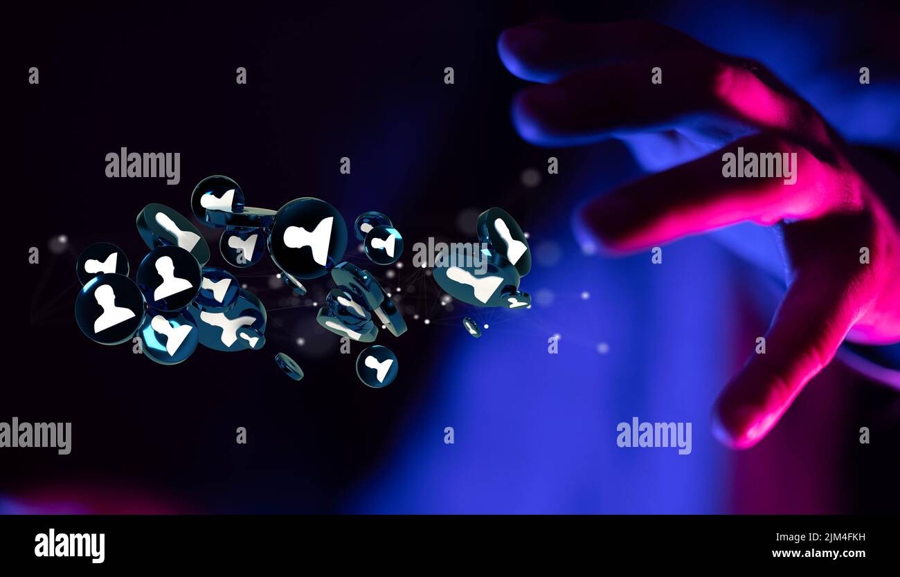 A hand with floating cyberspace 3D icons Stock Photo - Alamy