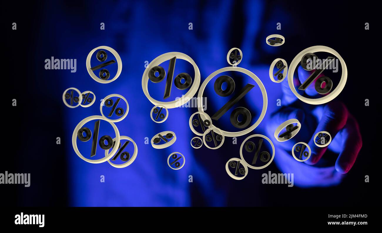 A 3D rendered percentage sign on a person's hand Stock Photo - Alamy