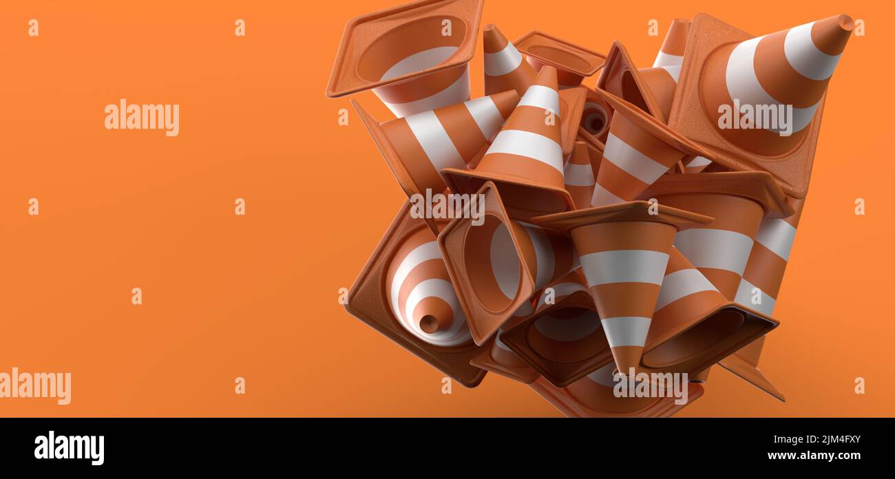 A 3D rendering of the pile of traffic cones isolated on an orange ...