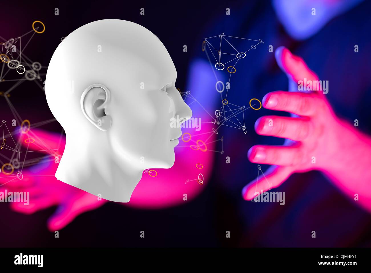 A close-up shot of a man holding artificial intelligence digital ...